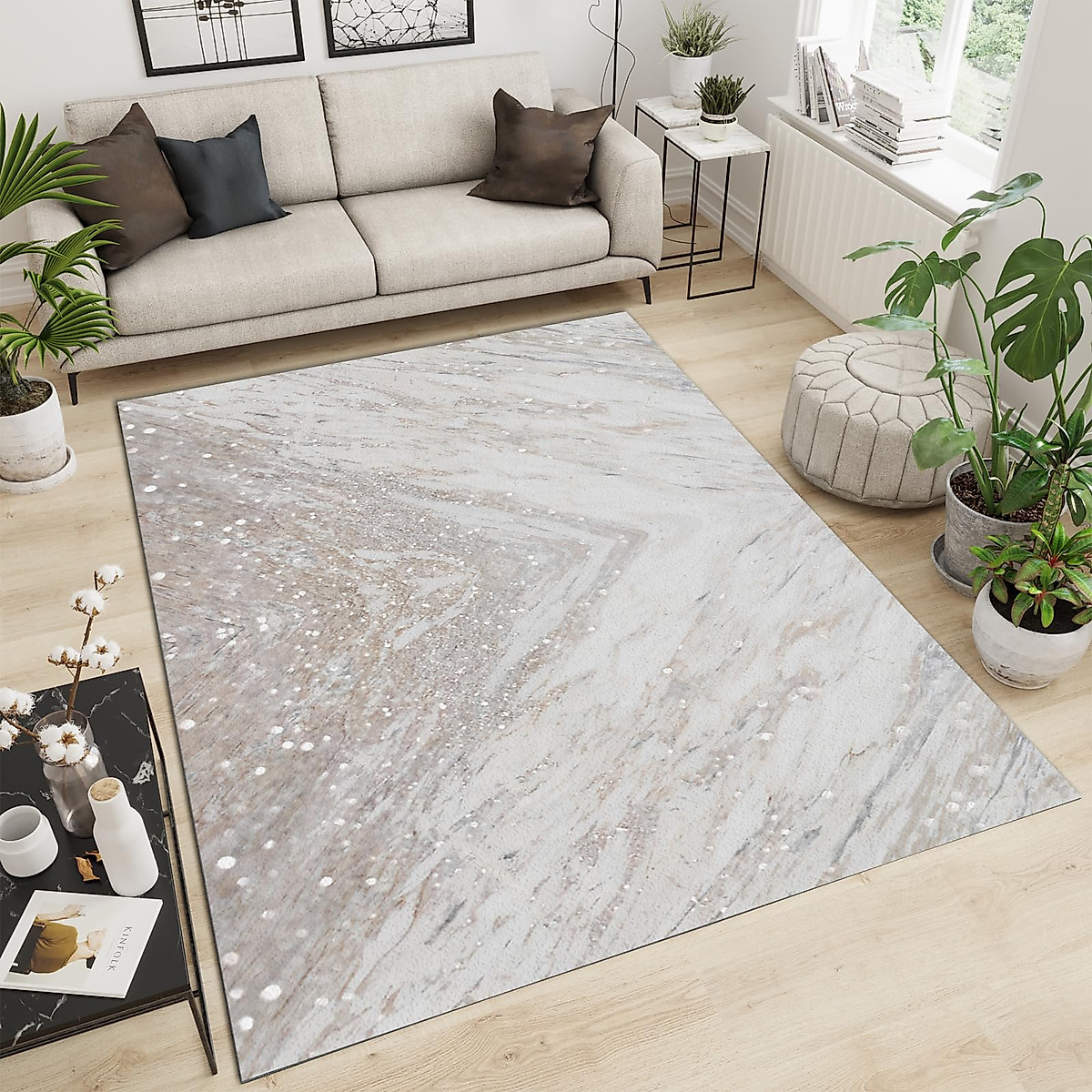 ZAOMIR Fine Sparkling Diamond Gold Foil Marble Living Room Aesthetic Decor Large Area Rugs, Meat Pink French Style Home Bedroom Rug, Soft Non Slip Washable Running Mat, Corridor Office Carpet-6ftx9ft