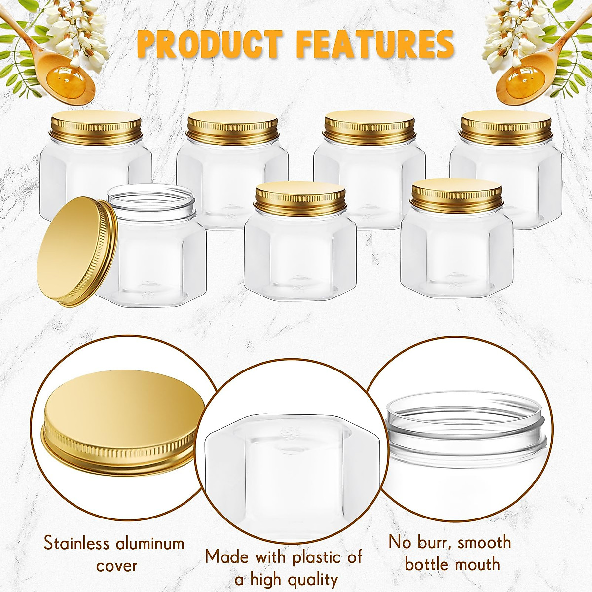 Dandat 50 Pcs 3 oz Hexagon Plastic Jars with Lids Mini Honey Jars Wide Mouth Canning Jars Small Spice Jars for Party Wedding Favors, Baby Shower, DIY Gift, Jelly, Herb, Jams, Candy (Gold)