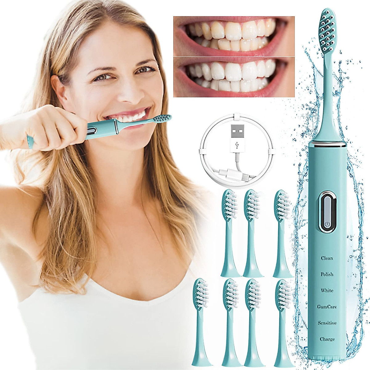 ZITIANY 5 Modes Sonic Electric Toothbrush, 7 Color Available Rechargeable Electric Toothbrush with 8 Brush Heads
