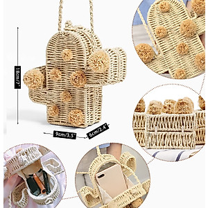 NIBD Beach Bag Cactus Straw Bag Summer Bags with Pom Pom Women Messenger Handbag Braided New Rattan Bag, Beige, 7.5"*7.5"*2.4"