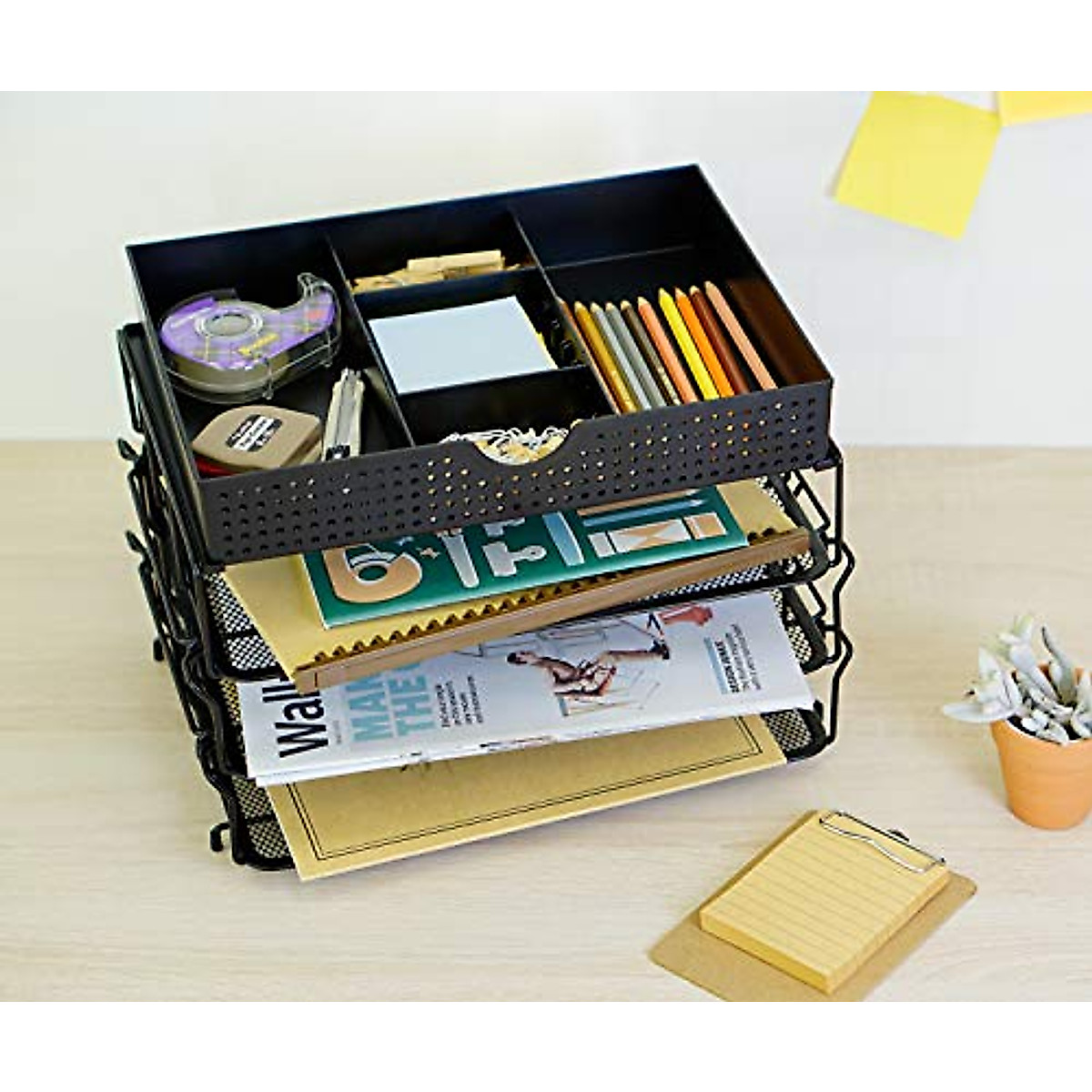 CAXXA 3 Trays Stackable Mesh Letter Tray, Desk File Organizer, Desktop Paper Tray Holder with Drawer, Black