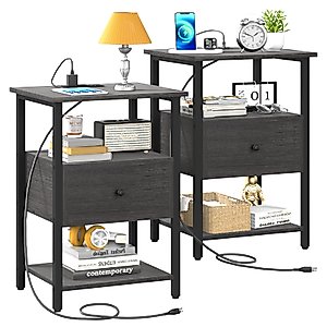 Yoobure Nightstands Set of 2, Night Stand with Charging Station Night Stand with USB Ports, Night Stands with Wood Drawer and Storage Shelf Bedside Table for Bedroom Small Spaces Grey