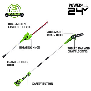 Greenworks 24V 8" Cordless Polesaw + 20" Pole Hedge Trimmer Combo (Great For Pruning and Trimming Branches / Shrubs), 2.0Ah Battery and Charger Included
