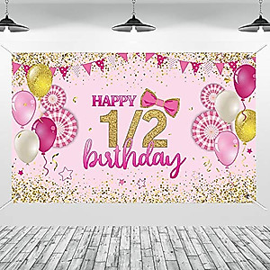1/2 Birthday Banner Backdrop - 6 Month 71" x 43" Happy Birthday Yard Sign backgroud 1/2 Years Birthday Backdrop Party Indoor Outdoor Car Decorations Supplies (Pink)