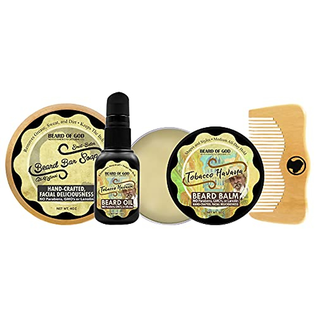 Tobacco Havana - Beard Oil, Balm, Bar Soap, Wood Comb and Travel Case - Natural, Organic and Handcrafted in USA by Beard of God