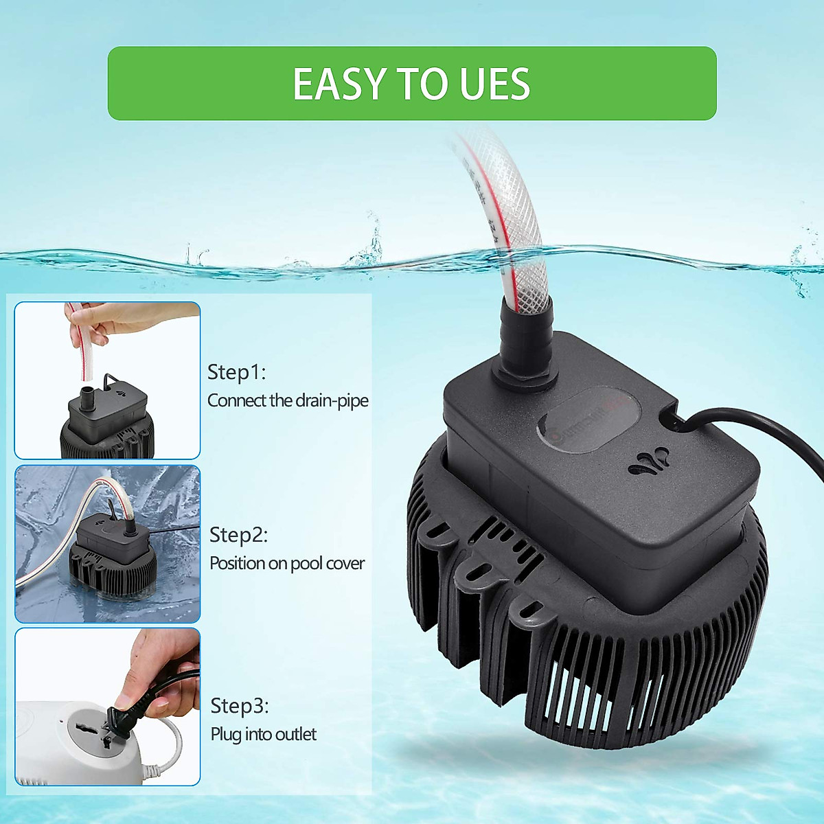 SurmountWay Pool Cover Pump Above Ground，850 GPH, 3 Adapters Swimming Pool Cover Pump with 16 Foot Heavy-Duty Kink Proof Hose (Black)