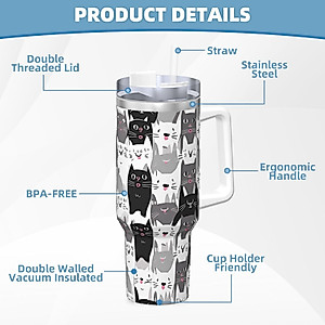 deaokluy 40 OZ Cute Cat Ice Bully Cup with Handle Straw Lid, Double Wall Stainless Steel Tumbler Travel Coffee Cup, Cartoon Insulation and Cooling Cup for Christmas Birthday Present