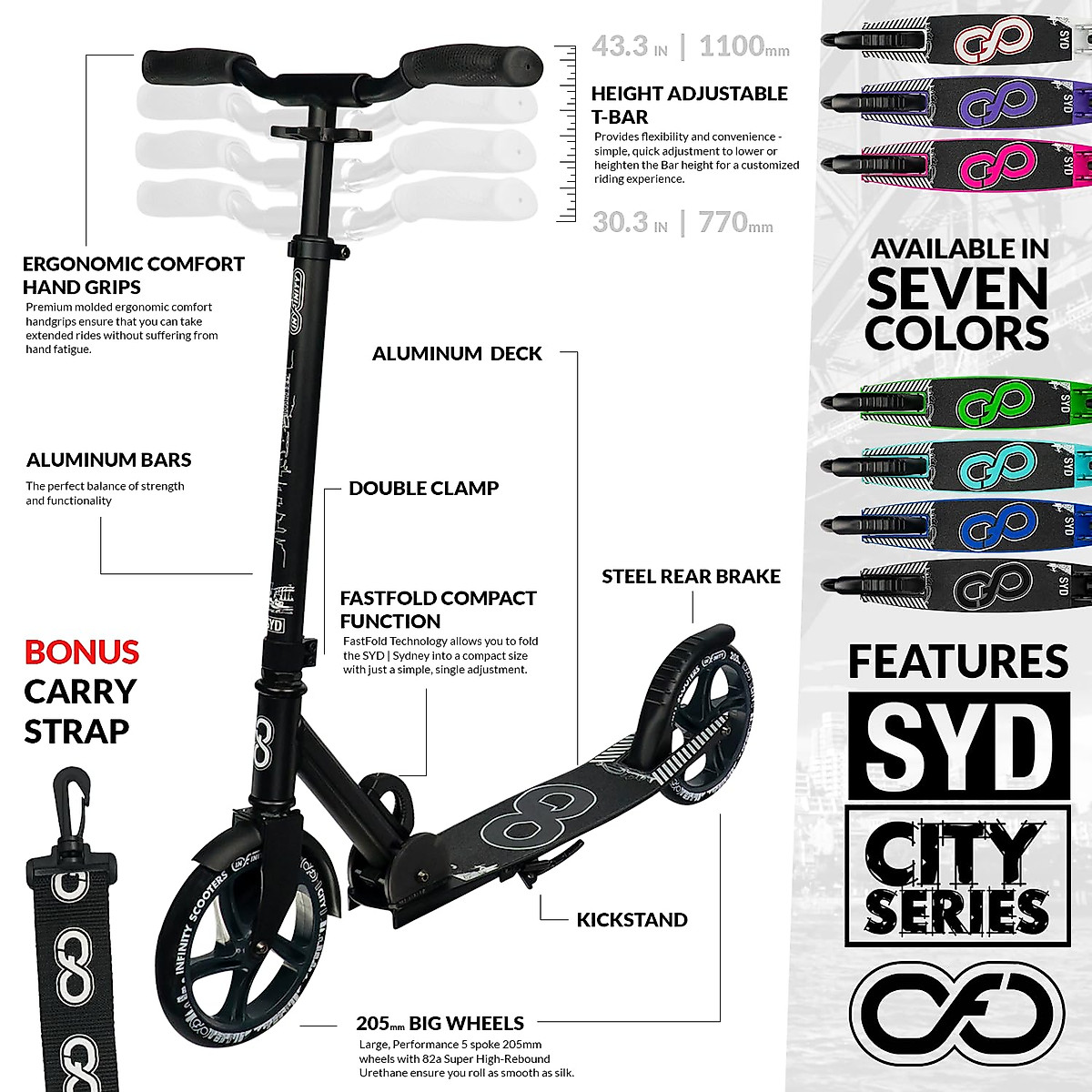 Crazy Skates Foldable Kick Scooter - Kick Scooters for Adults, Teens and Kids with Carrying Strap - Fast Folding, Adjustable Handlebars and Lightweight - Sydney Scooter (SYD) - Black