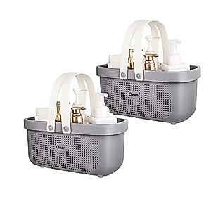 kamuavni 2 Pack Plastic Shower Caddy Basket with Removable Handles, Portable Cleaning Supply Storage Organizer with Holes for College Dorm Bathroom - Grey