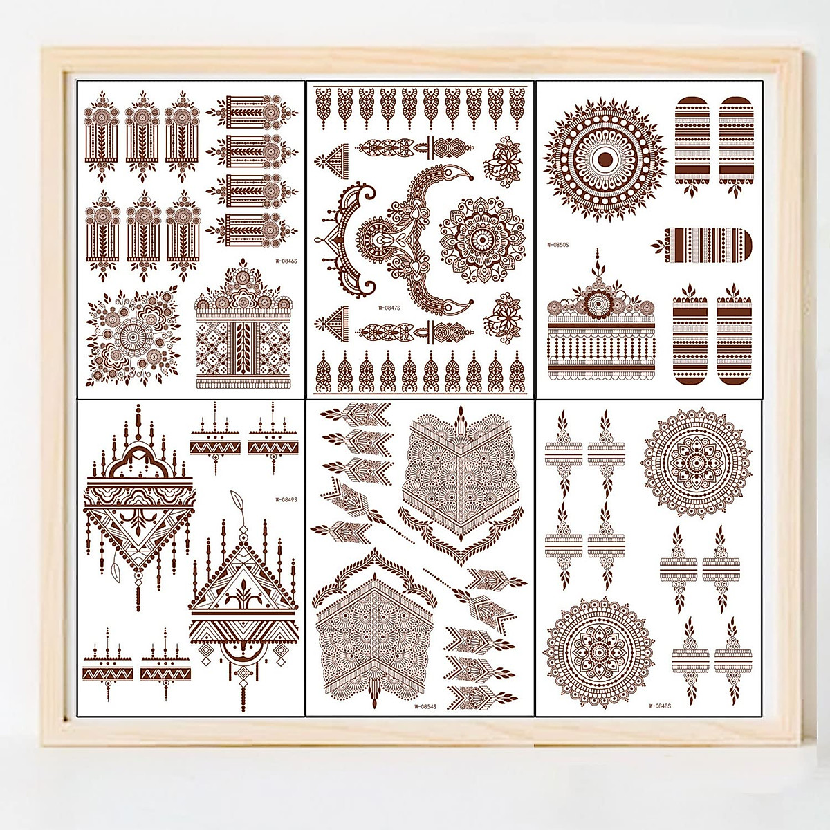 6 Sheets Brown Henna Temporary Tattoo Stickers Lace Pattern Fake Tattoos Mystery Sexy Mandala Flower Body Art Design Waterproof Henna Sticker for Women Girls DIY on Body Face Arms Legs (Brown)