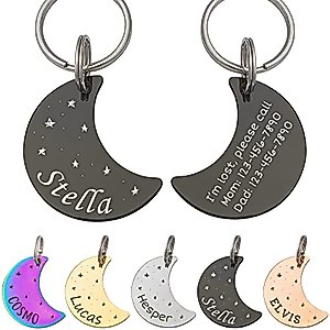 Anavia Starry Sky Theme Pet ID Tags in Half Moon & Star Shape, Personalized Dog Name Tag Cat Tag, Glossy Stainless Steel Gold Plated Black Rainbow Dog Collar Tag (Small, Moon Shape, Black)