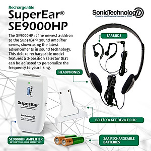 SuperEar Rechargeable Personal Sound Amplifier - 50dB Amplifier with Headphones, Earbuds and Tactile 3 Tone Frequency - Sound Amplifiers for Seniors, Adults and Audiologists - Model SE9000HP (PSAP)