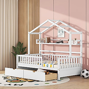 Harper & Bright Designs Twin House Bed with 2 Storage Drawers, Kids Twin Platform Bed Frame with Storage Shelves, Fence and Roof, Tent Bed, Wood Playhouse Bed Twin for Kids Teens Girls & Boys (White)
