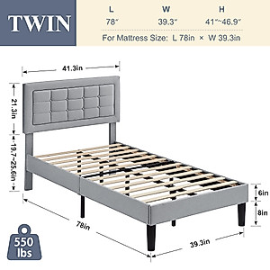 VECELO Twin Size Bed Frame with Adjustable Headboard, Upholstered Button Tufted Platform Bedframe with Wood Slats Support, No Box Spring Needed, Moon Grey