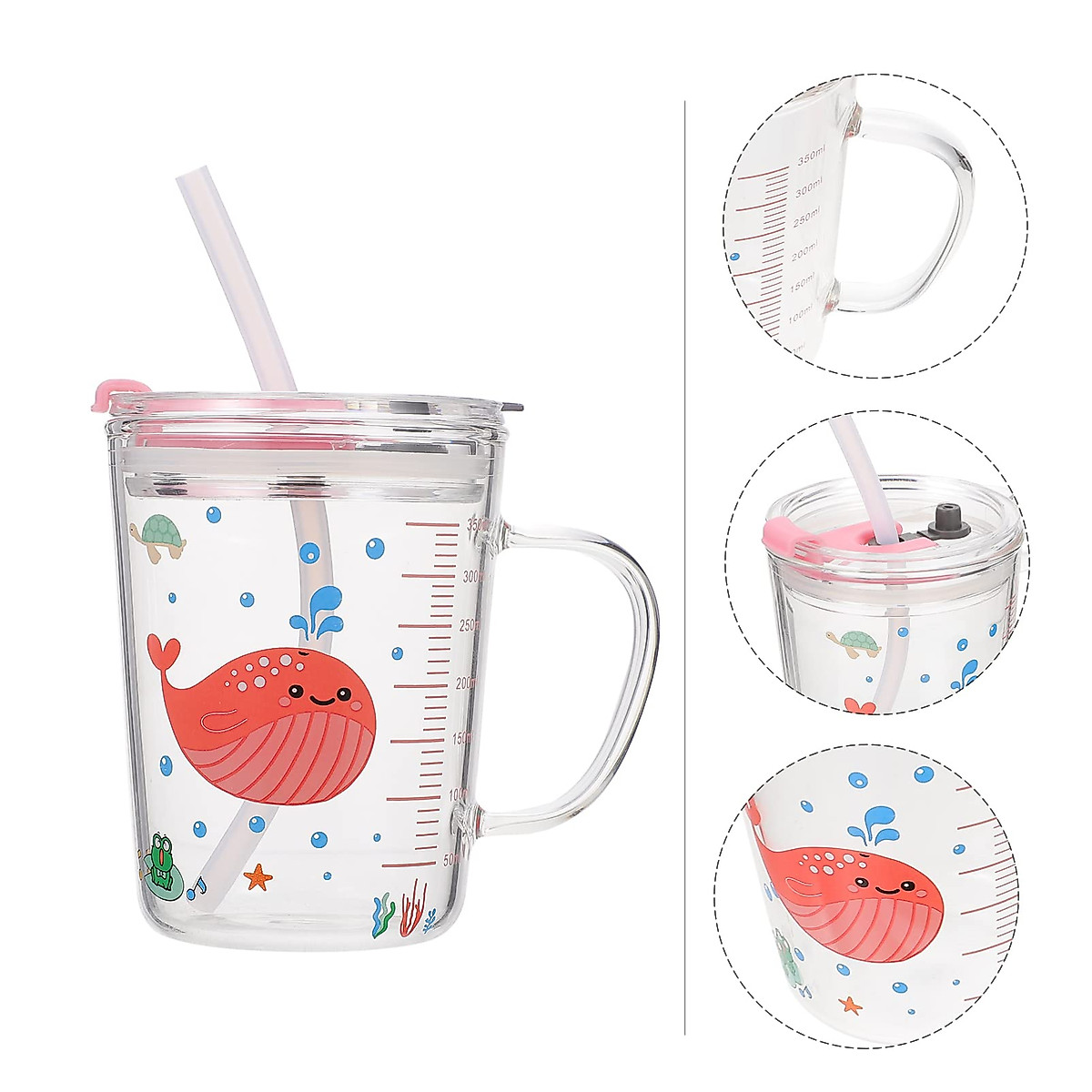 VOSAREA Decor 350ml Cartoon Glass Milk with Straw and Scale Whale Water Glass Mug Animal s Coffee Tea Juice Beverage Containers Cup