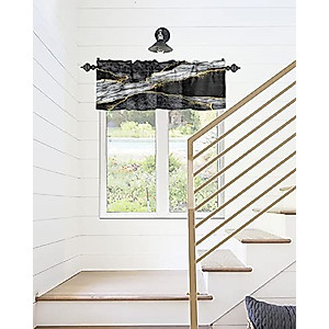 Kitchen Cafe Valance Curtain for Small Windows,Black White Marble with Gold Stripe Rod Pocket Short Blackout Curtains,Abstract Stone Agate Texture Window Treatment for Living Room Bedroom Bathroom
