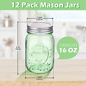 Pinkunn 12 Pcs Mason Jars with Lids 16 Oz Regular Mouth Pint Canning Jars Vintage Glass Jars Bulk Airtight Multifunction Mason Jars for Storage Canning Pickling Preserving Fermenting DIY Craft (Green)