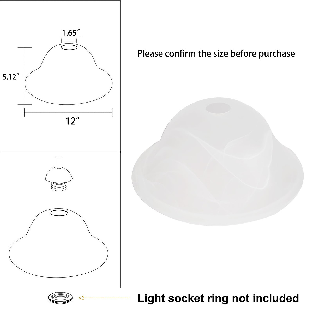 SHENGQINGTOP 12"D Alabaster Glass Domed Shade with 1.65" Opening, Pendant Light Cover, Lighting Fixture Replacement