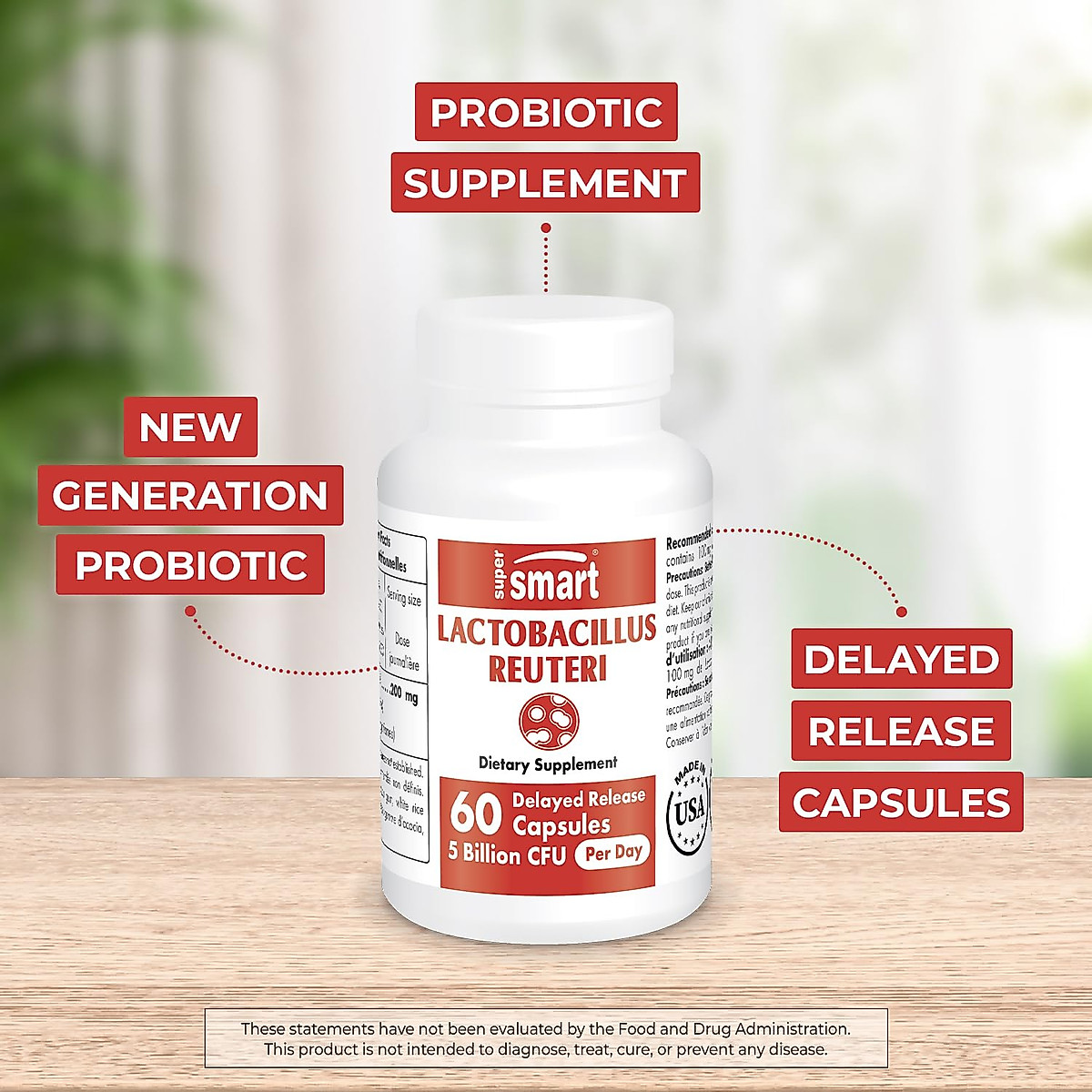 Supersmart - Lactobacillus Reuteri 5 Billion CFU per Day - Probiotic Supplement | Non-GMO & Gluten Free - 60 DR Capsules