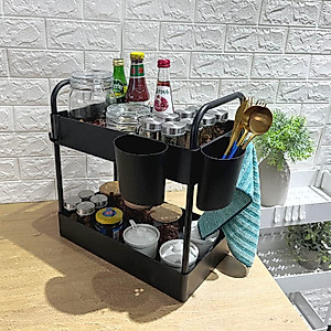 Under Sink Organizer | Bathroom Countertop Organizer | Multi Purpose Under Sink Storage Organizer |Size 2 Tier Kitchen Basket Show Black