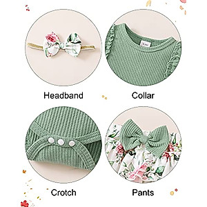 nilikastta Newborn Baby Girl Clothes Infant Girl Summer Outfit Ruffle Sleeve Romper Floral Shorts Bowknot Headband Set(Green,3-6M)