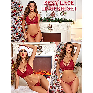 Avidlove Women's Lingerie 2 Piece Bra and Panty Set Lace Mini Babydoll Wine Red S