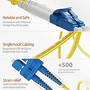 BEYONDTECH LC to SC Single Mode Fiber Patch Cord (Insensitive) - Duplex - 5M - UPC/UPC - 9/125um OS2 100G PureOptics Cable Series