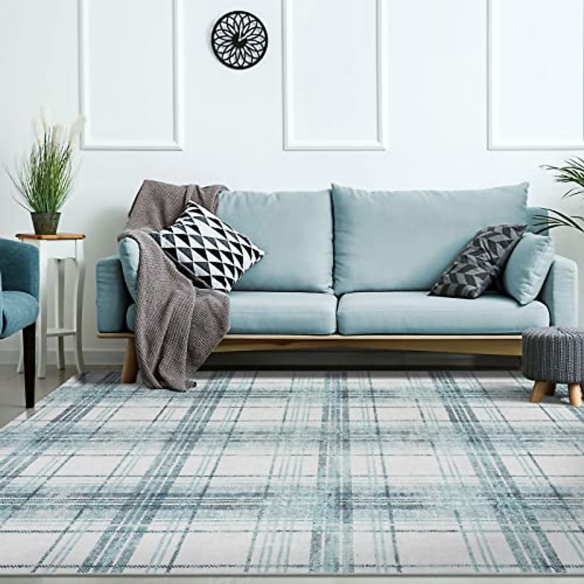 DECOMALL NELE Washable Area Rugs, Modern Lattice Non-Slip Carpet for Bedroom Living Room Sofa Dining Room, Blue 5’x7’