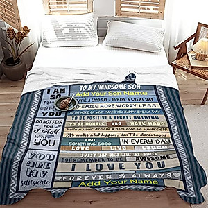 Personalized to My Son Blanket from Mom Dad 60x80 Inches Lightweight Flannel Throws Custom Name Gift for Boy Men Super Soft Comfy Blankets Birthday Christmas Decor Couch Sofa