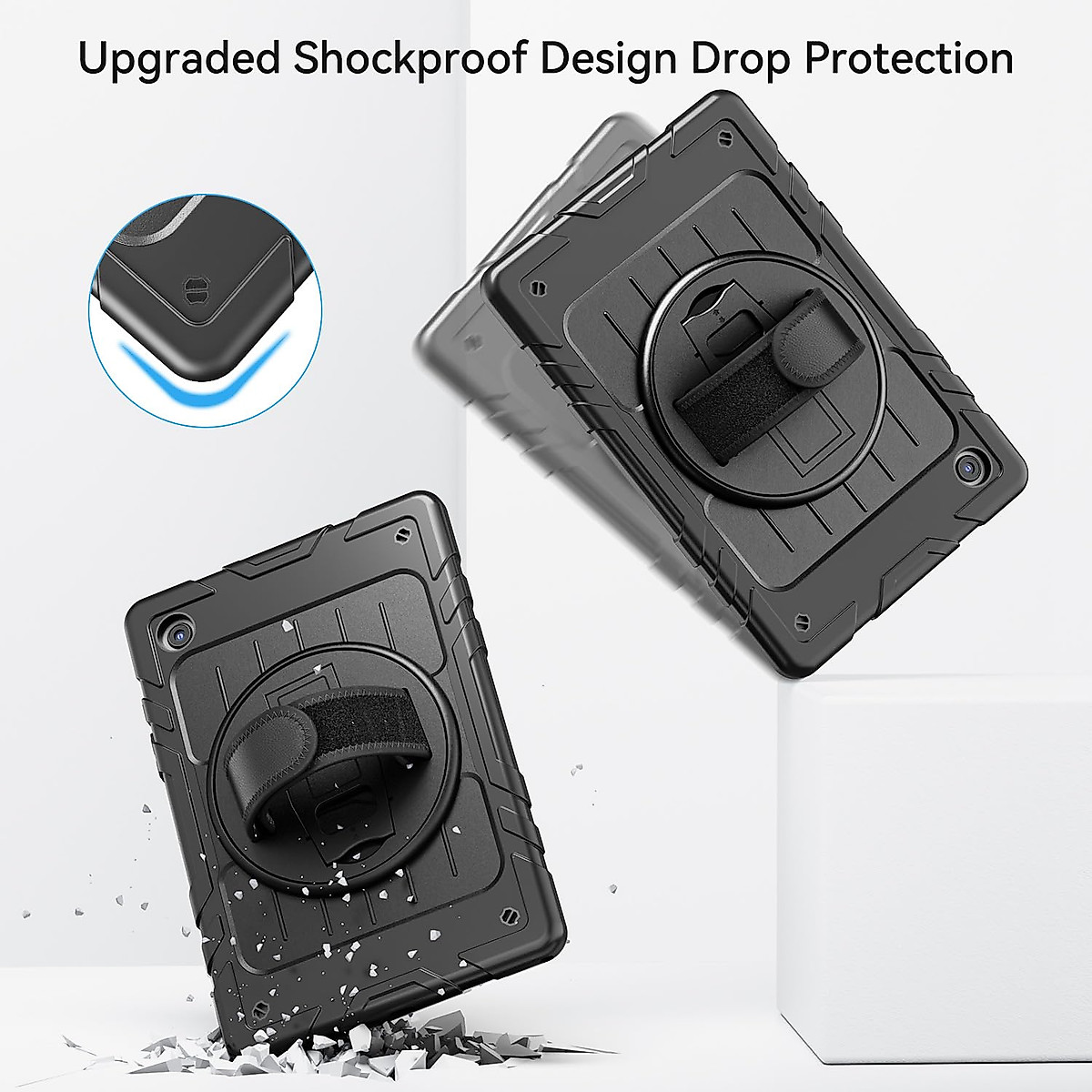 Stweap for Samsung Galaxy Tablet A8 Case 10.5 inch 2022 SM-X200/X205/X207 with Screen Protector [360 Rotating Stand] &Hand Shoulder Strap Shockproof Rugged Protective Cover|Black