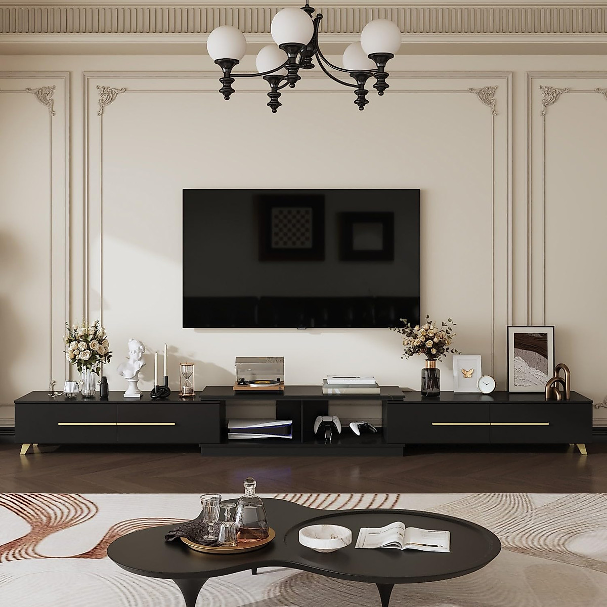 FAMAPY Modern TV Console Extendable Media Console, Adjustable Length, Contemporary Entertainment Center with Drawers and Legs, for Living Room Black and Gold (95”-133.9”W x 15.2”D x 13.1”H)