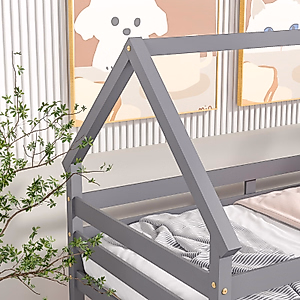 AnwickNomo Twin Over Twin Low Loft Bed, Wood Bunk Bed with House Shape and Full-Length Guardrail, Kids Bed for Boys Girls and Teens, Space-Saving, Solid Wood Frame, No Box Spring Needed (Grey)