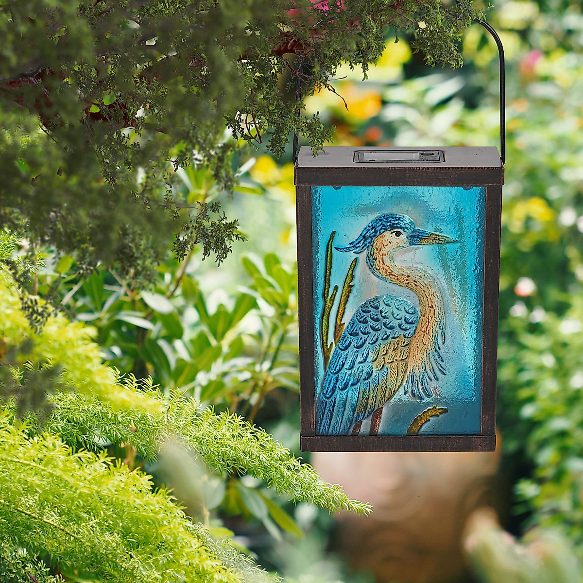 TERESA'S COLLECTIONS Solar Lantern and Metal Heron Decor Bundle(2PCS) | Blue Heron Outdoor Lantern with Solar Powered Lights and Heron Decor for Home Garden Patio Lawn Yard Decor