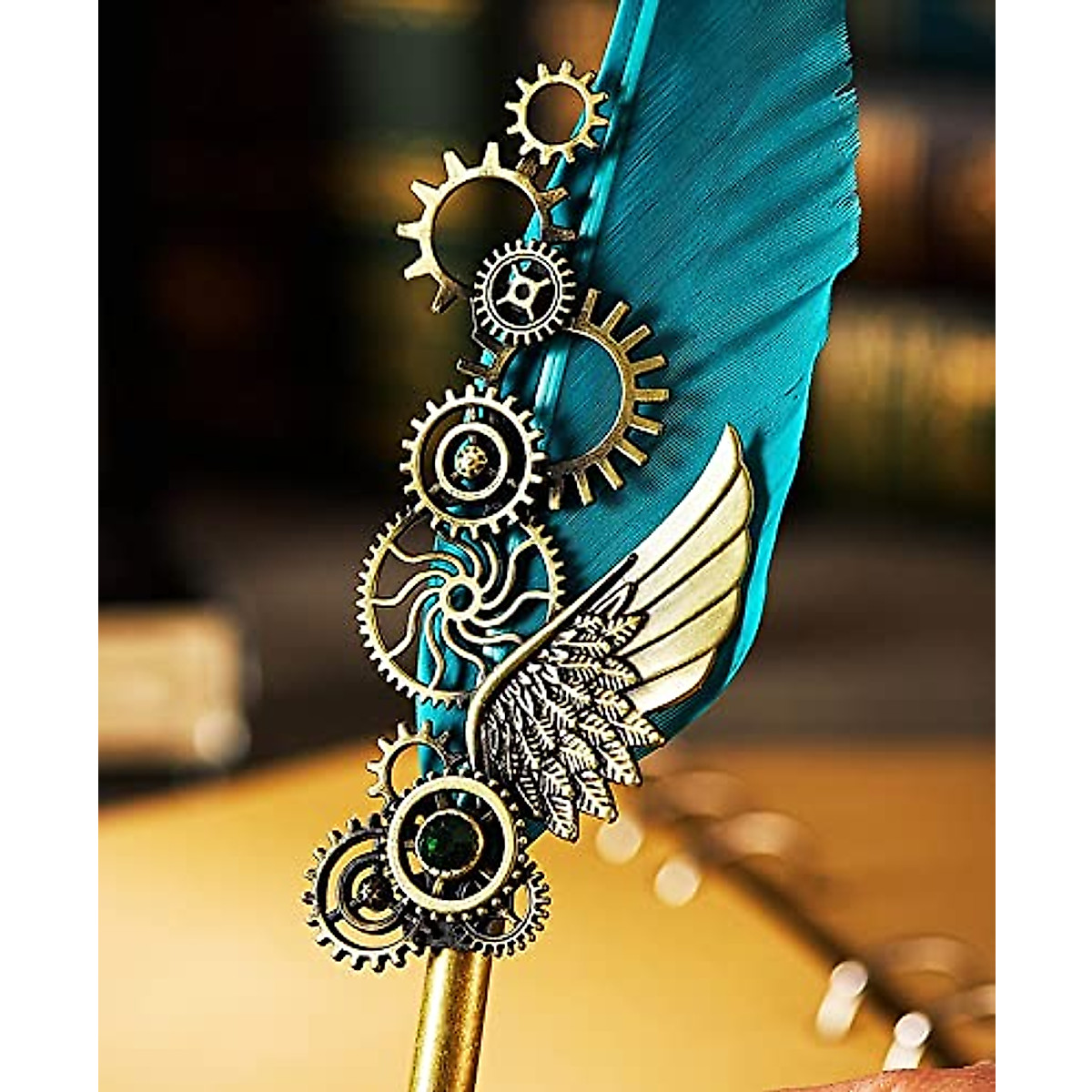 Jubapoz Feather Pen Calligraphy Pen and Ink Set Antique Quill Pen Refillable Ink Dip Pens for Writing, Drawing, Signature, Wedding, Birthday Gifts, Retro Decoration (Green)