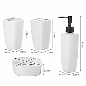 MyGift 4 Piece Ceramic White Bathroom Accessories Set Includes Lotion Dispenser with Matte Black Pump, Toothbrush Holder, Tumbler and Soap Dish