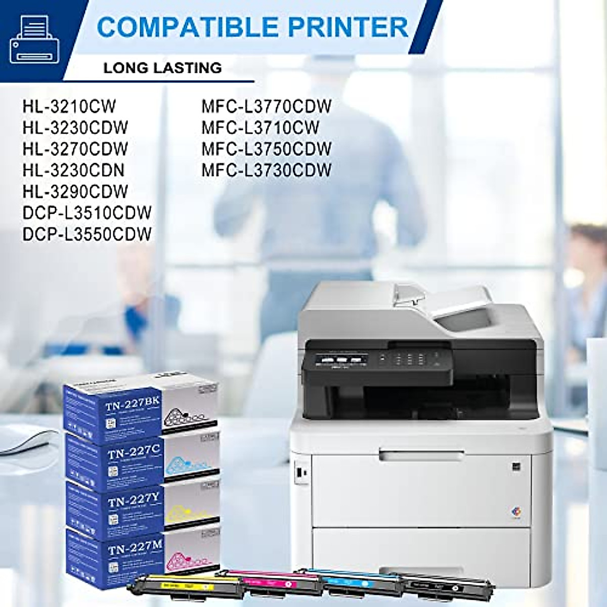 TN227 BK/C/M/Y Toner Cartridge 4 Pack (with chip): Compatible TN227 TN-227 Replacement for Brother MFC-L3770CDW L3710CW L3750CDW HL-3210CW 3230CDW 3270CDW 3290CDW DCP-L3510CDW L3550CDW Printer