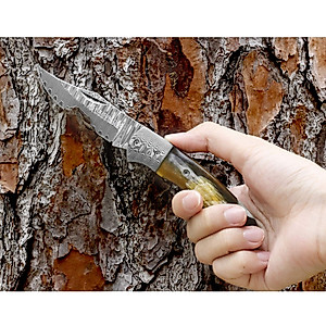 YOUSUNLONG Folding Knife - Overall 176mm - Japanese Damascus Steel Blade - Natural Bull Horn Handle with Leather sheath and natural walnut wooden knife box for camping hiking fishing