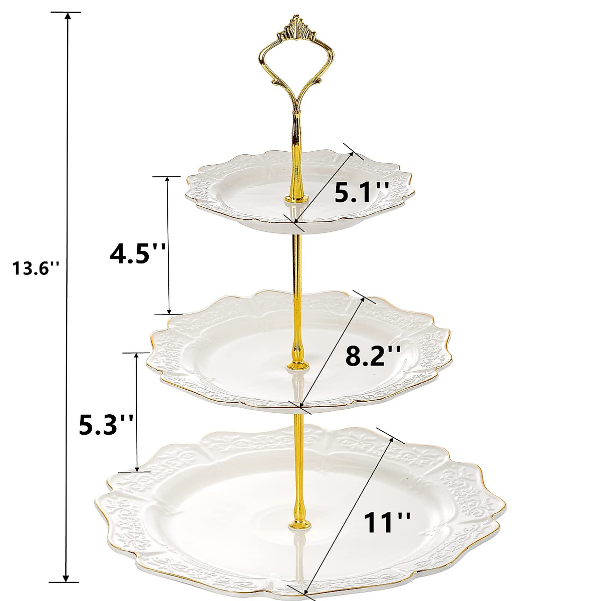 Lyellfe 3 Tier Ceramic Cupcake Stand, White Embossed Dessert Cake Stand with Gold Rim, Decorative Tea Party Serving Platter, Tea Sandwich Tray for Party, Wedding, Candle Light Dinner