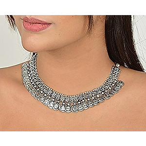 Sansar India Silver Tone Oxidised Metal Boho Bollywood Indian Choker Necklace Jewelry for Women (Silver)