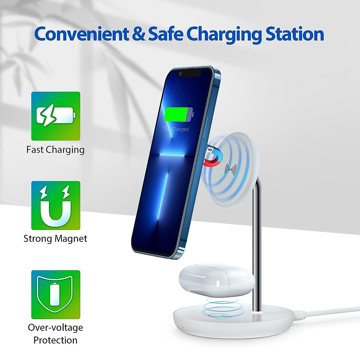 Mag-Safe Wireless Charging Station : 2 in 1 Wireless Charging Stand for iPhone 12/13/14 Series-10w Charging Stand Compatible with Airpods/iPhone 14/12/13 Pro Max Mini（White）