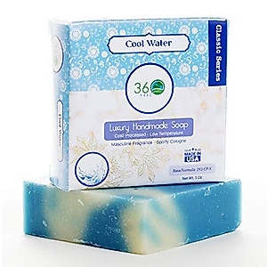 360Feel Men's Cool Water Cologne Soap -Large 5oz Organic Castile Handmade Soap bar -Bold Masculine fragrance- Pure Essential Oil Natural Soaps- Made in USA