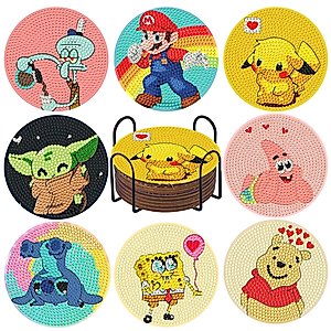 cupmod 8Pcs Diamond Painting Coasters Kits,DIY Cartoon Diamond Art Coasters Kits for Adults Kids Beginners,Diamond Painting Coasters with Holder for Home