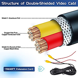 CAMECHO Upgraded RCA Video Cable for Monitor and Backup Rear View Camera Connection (49.12FT / 15M), AV Extension Cable with Yellow RCA Video Power Cable
