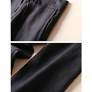 IXIMO Women's Tapered Pants 100% Linen Drawstring Back Elastic Waist Pants Trousers with Pockets Black L