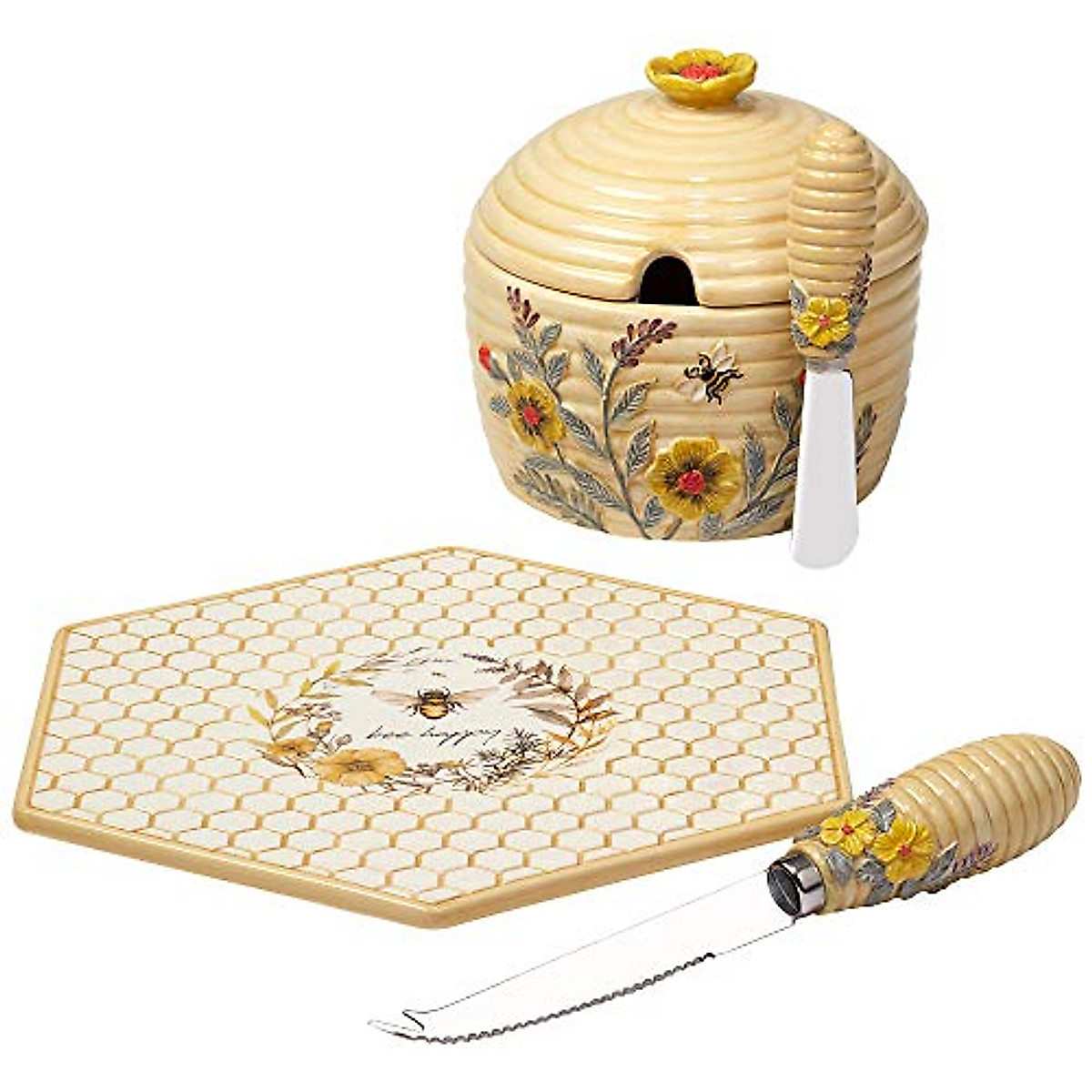 Certified International Bee Sweet Cheese Plate with Knife & 3-D Dip Bowl with Spreader, Multicolor