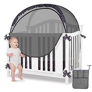 ZXPLO Baby Safety Crib Tent Infant Pop up Mosquito Net Nursery Bed Canopy Netting Cover - Keep Baby from Climbing Out with Hanging Diaper Storage Bag (Dark Gray)
