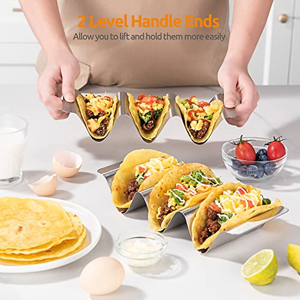 18/8 Stainless Steel Taco Holders: U-Taste Soft Hard Taco Shell Rack Oven Safe Metal Corn Tortilla Serving Tray Plates Stand Set with Handle and Rounded Curves (Set of 4)