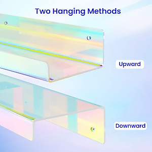 upsimples 6 Pack Acrylic Shelves for Wall Storage, 15" Floating Shelves, Kids Bookshelf, Nail Polish Holder, Perfume Display Shelf Organizer for Bathroom, Bedroom, Living Room, Iridescent