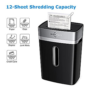 BONSEN 12-Sheet Crosscut Paper Shredder for Home Office, 52dB, P-4, Large 6-Gal Bin, 10-Min Non-Stop Running, Credit Card/Staple Shredder for Home