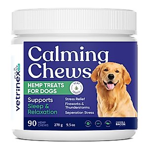 Calming Hemp Chews for Dogs - Pet Supplements for Anxiety Relief & Stress, Thunderstorms, Barking and Fireworks - Chicken & Bacon Flavour - 90 Treats